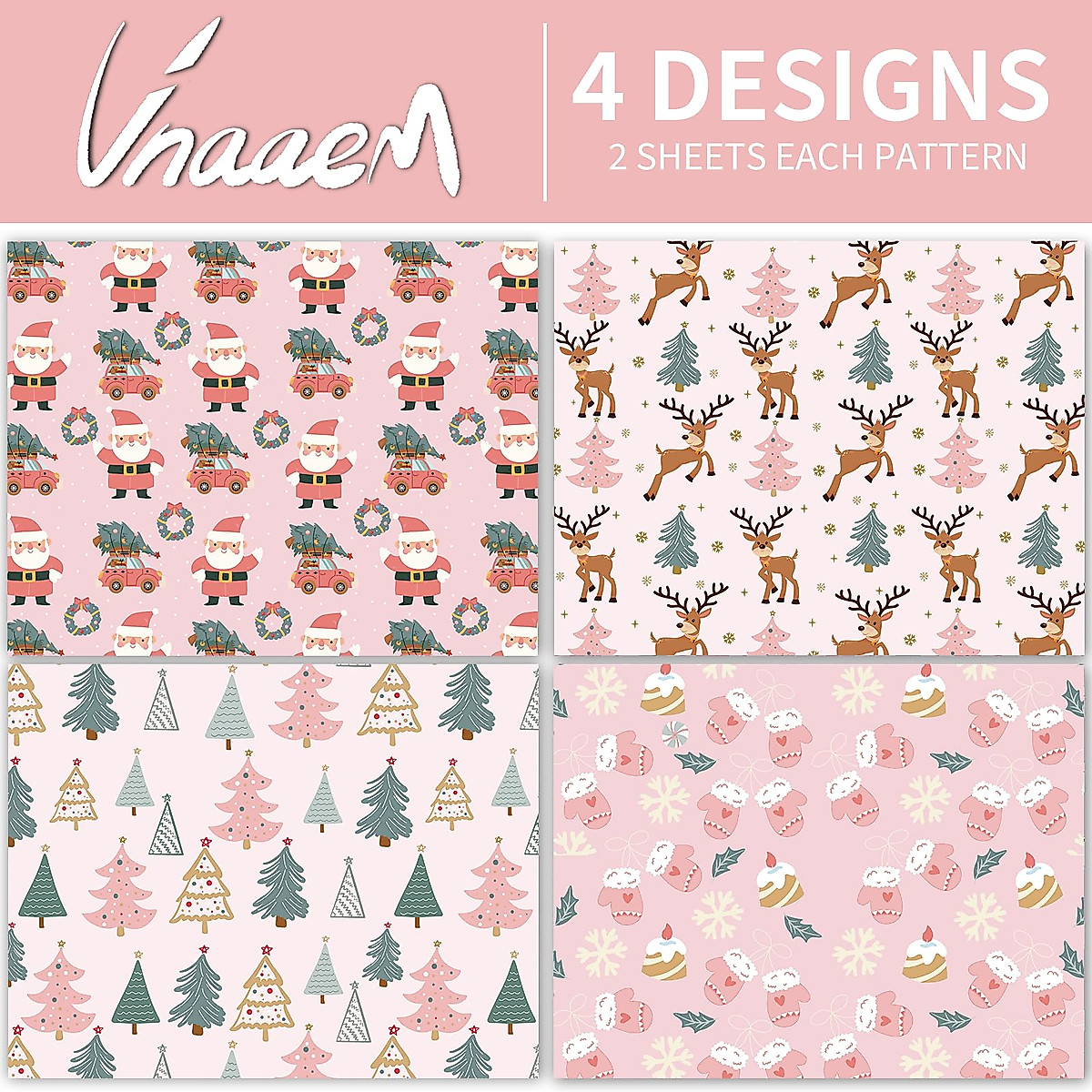 Vnaaem Pink Christmas Wrapping Paper for Boys Girls Kids - Cute Xmas Gift Wrap With Santa Christmas Tree Reindeer Design for Christmas Holiday Party Celebration - 20 X 28Inches Per Sheet(8 Pack)