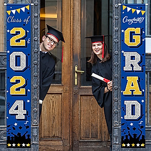 PlandRichW Graduation Banner Class of 2024, Large Blue & Gold Congrats Grad Porch Sign Doorway Welcome Graduation Decoration Celebration Supplies