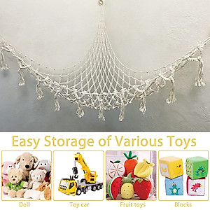 SOPEWOD Stuffed Animal Hammock to Store Plush Pet Toys,Stuffed Animal Net with Tassels,Toy Hammock with Boho Style,Toy Net Hammock with Star String Lights (Small)