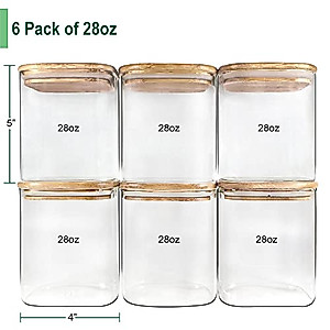 Glass Jars with Bamboo Lids, Square Glass Jar with airtight lids of 6 pack of 28oz, Square glass storage jars with airtight lids, Glass Food Storage Containers with airtight lids, Glass Panty Jars