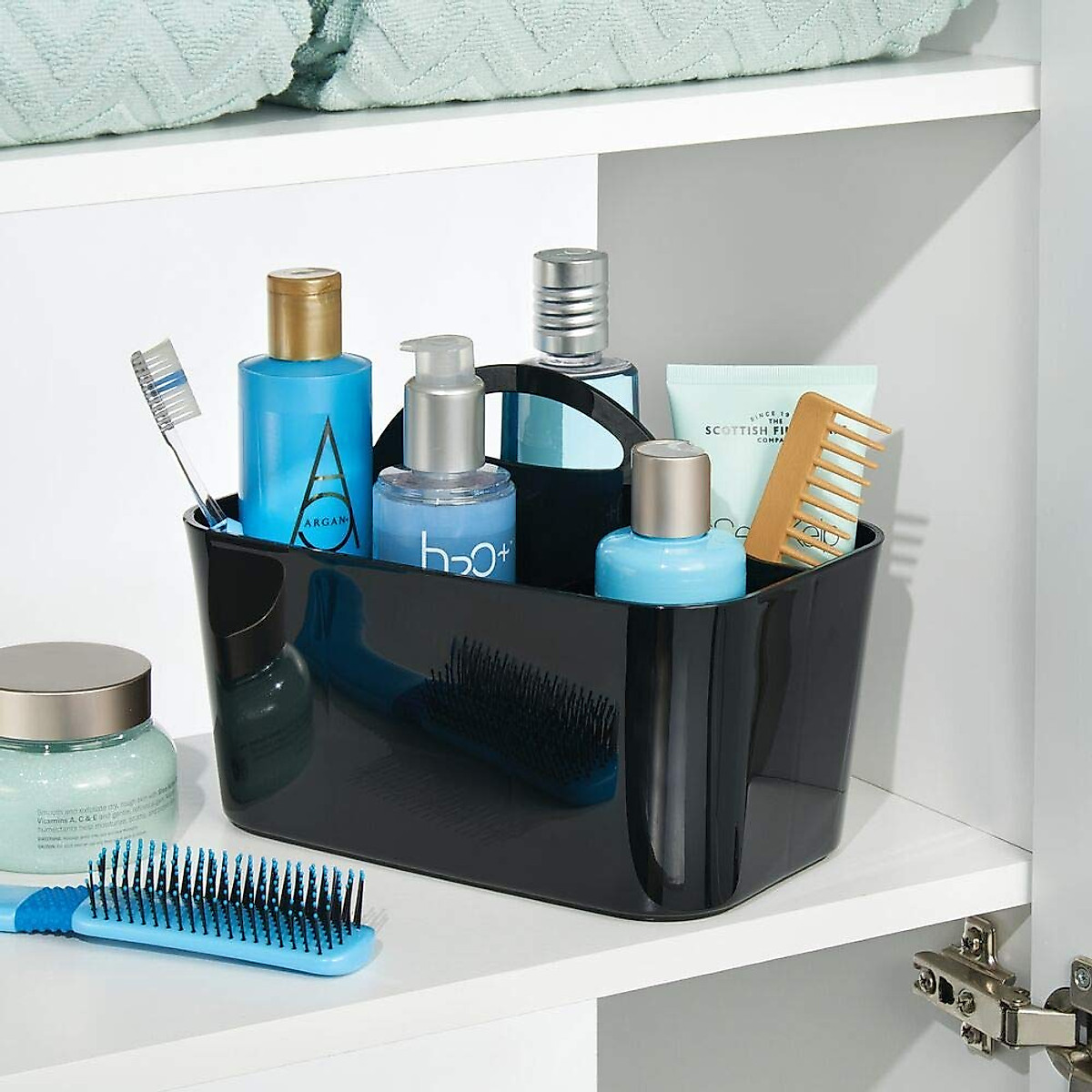 mDesign Small Plastic Shower/Bath Storage Organizer Caddy Tote with Handle for Dorm, Shelf, Cabinet - Hold Soap, Shampoo, Conditioner, Combs, Brushes, Lumiere Collection, Black