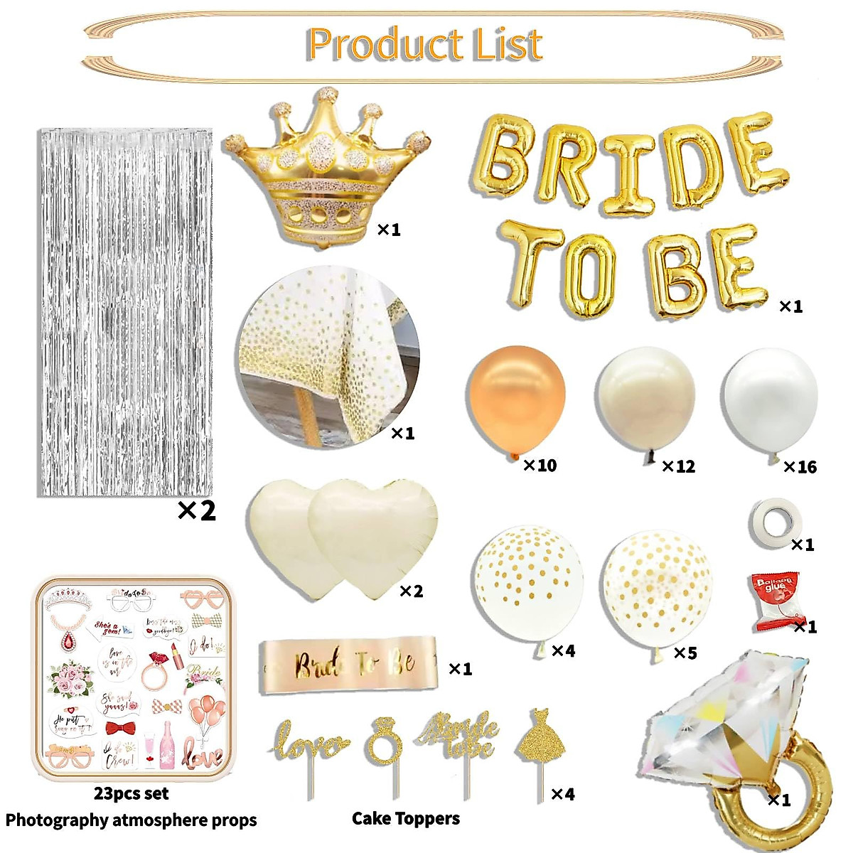 Generic Bride to be Decorations for Bridal Shower Bachelorette Party Pearly White Champagne Gold Includes Balloons Sash Cake Topper Photo Props Tablecloths and More