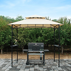 DikaSun Grill Gazebo 8 x 5 BBQ Canopy Double Tiered Outdoor Waterproof Barbecue Grill Tent with Shelves and 10 Hooks for Patio, Backyard(Beige)