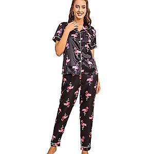 WDIRARA Women's 2 Piece Sleepwear Striped Satin Short Sleeve Shirt and Pants Pajama Set Animal Black M