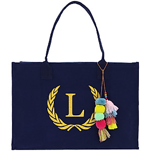 VANESSA ROSELLA Personalized Gift Monogram Initial 100% Cotton Chic Tote Bag for Women - Navy (L)
