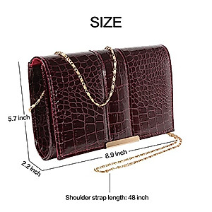 Women's Burgundy Evening Clutch Faux Crocodile Skin Crossbody Flap Bag with Chain Strap