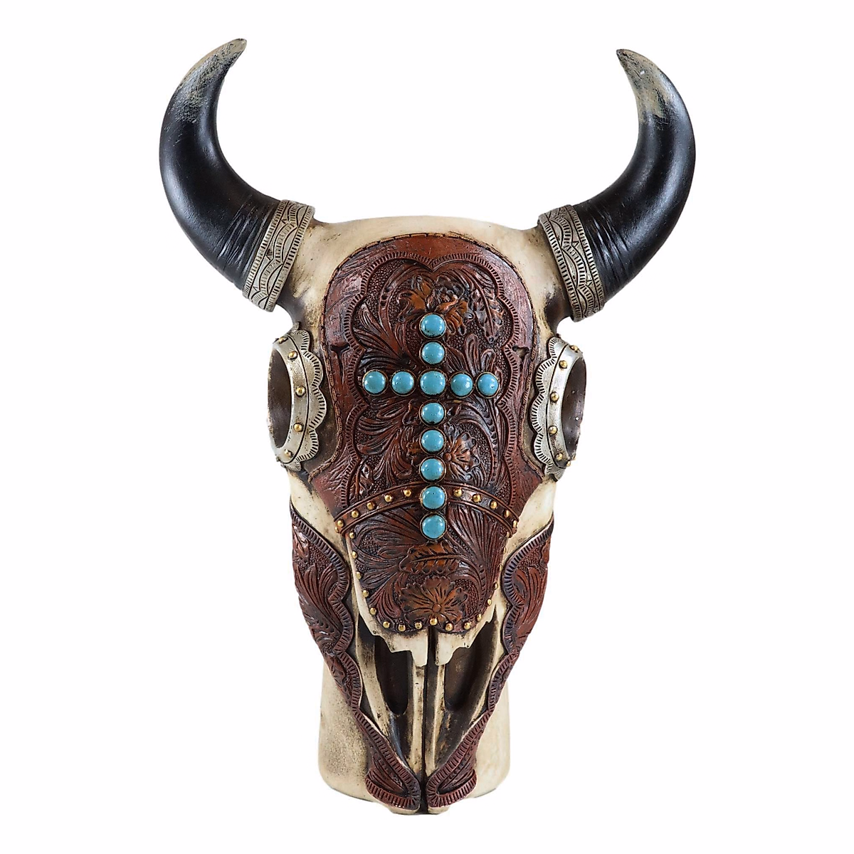Ebros Gift Colorful Southwestern Native Indian Cow Skull with Turquoise Cross and Faux Tooled Leather Mask Desktop Floral Flower Vase Planter Figurine Wildlife Bisons Bulls Spirit Totem Accent