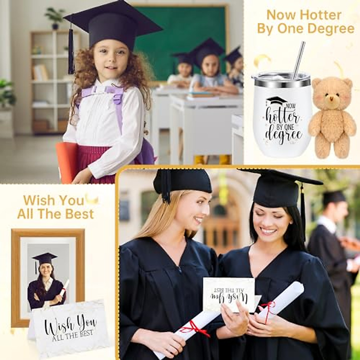 Maxdot Graduation Gifts Set 2024 Congrats Grad Tumbler and Bear Grad Gifts for Her Him Now Hotter by One Degree Include Photo Frame Wine Tumbler Bear Card Gift Box for Student Friend Graduate
