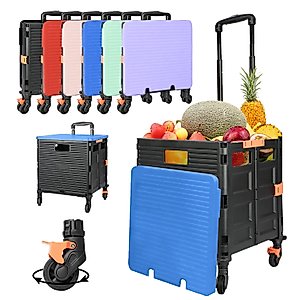 SELORSS Foldable Utility Cart Rolling Crate Handcart 110lbs Large Capacity Shopping Cart with 360°Rotate Noiseless Wheels & Telescoping Handle for Transports Groceries Office School Use(Blue)