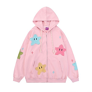 GOOCHEER Women 's Teen Girl Star Print Y2K Zip Up Hoodies Jacket Sweatshirt Cute Fall Jacket Hoodie Clothes (Pink, S)