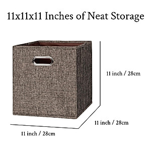 ACOMOON, 4 Pack, Odor-free, 11 Inch, Polyester, Shiny Imitation Linen, Collapsible Fabric Storage Bins, Cube Storage Organizer Featuring Metal Handles, Storage Baskets for Shelves (Dark brown)