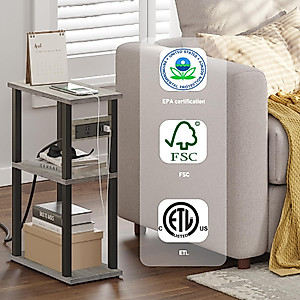 TUTOTAK Small Narrow Side Table with Charging Station, Skinny End Table for Small Spaces, Slim Nightstand with USB Ports and Outlet, Sofa Beside Table with Wheels, Greige TB01BG046