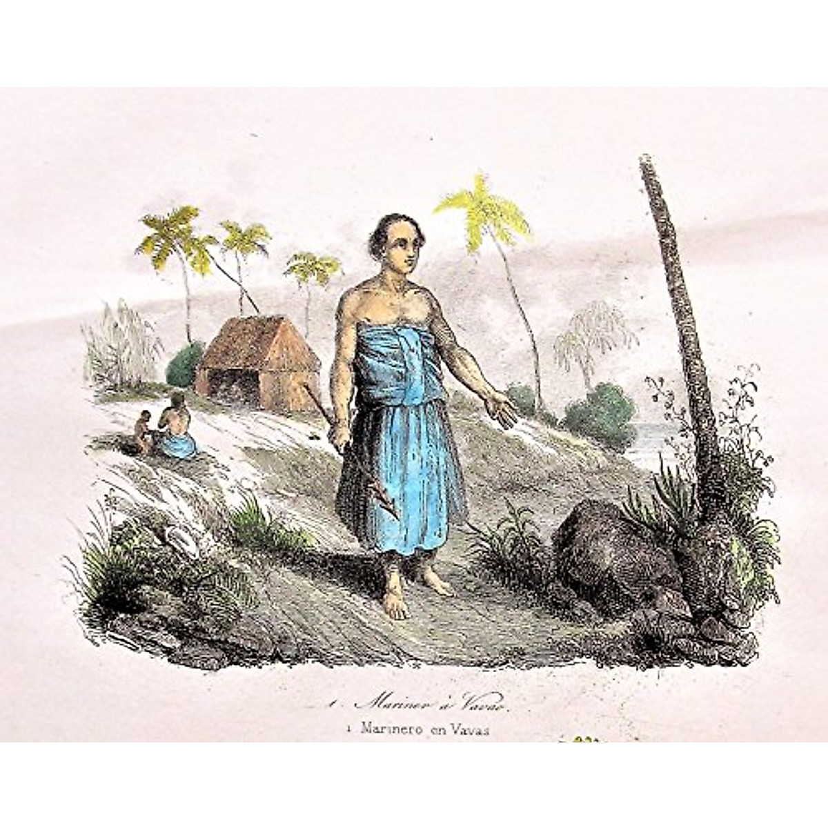 Antique Copperplate Engraving: A Sailor in Vavas and Boat House for Canoes