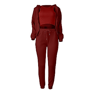 Aitaliwer 3 Piece Sweatsuits For Women Plus Size, Sweat Shirt And Pants Sports Suit Tracksuit Lounge Sets Cropped Hoodie Sweatshirt and Sweatpants 01-Red,Medium