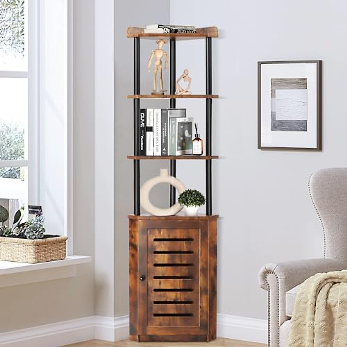 Timberer 6-Tier Corner Shelf with Storage, Corner Bookshelf, 74.2" Tall Corner Stand Display Storage Rack for Living Room, Home Office, Kitchen, Bar, Small Space, Rustic Brown and Black