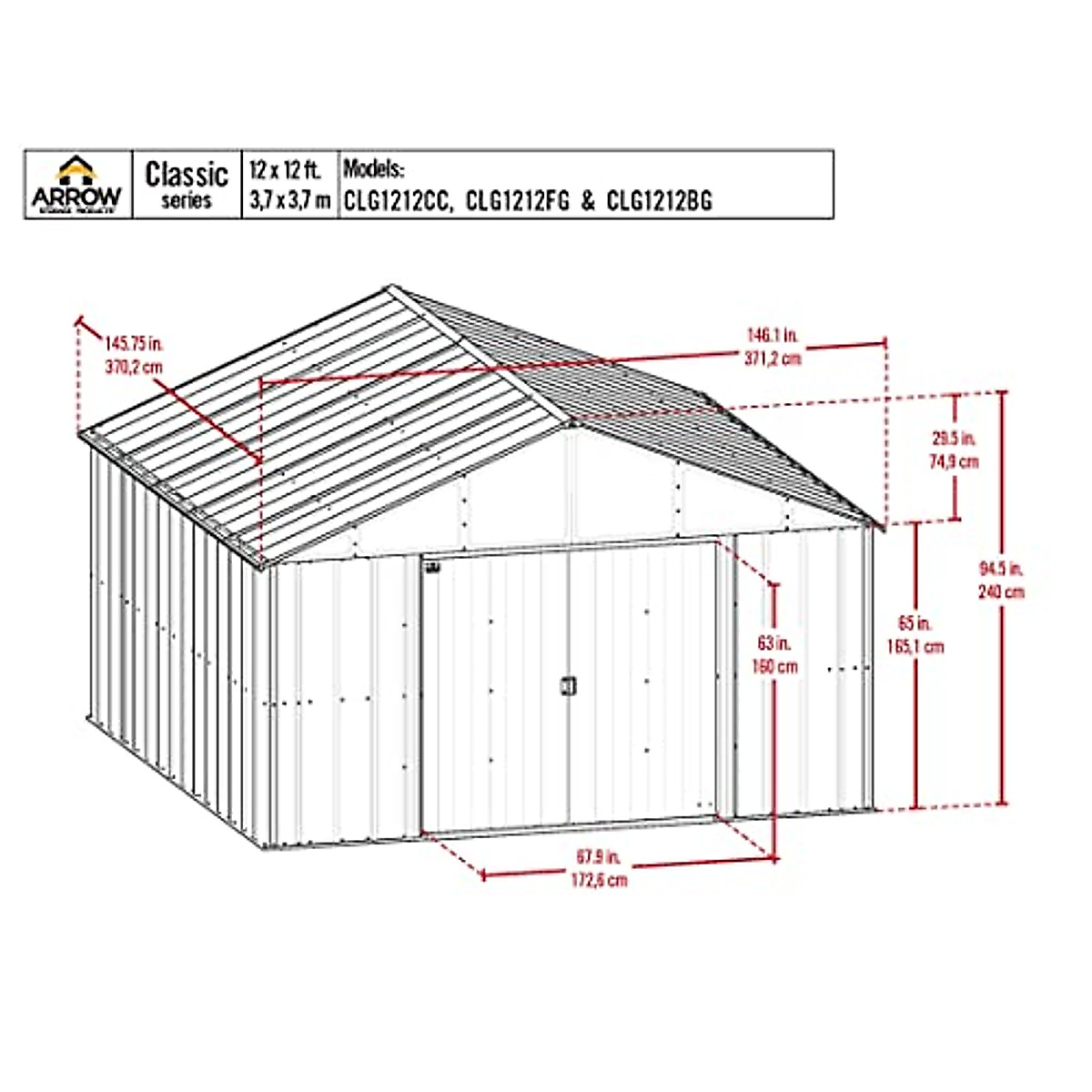Arrow Sheds Classic 12' x 12' Outdoor Padlockable Steel Storage Shed Building, Charcoal