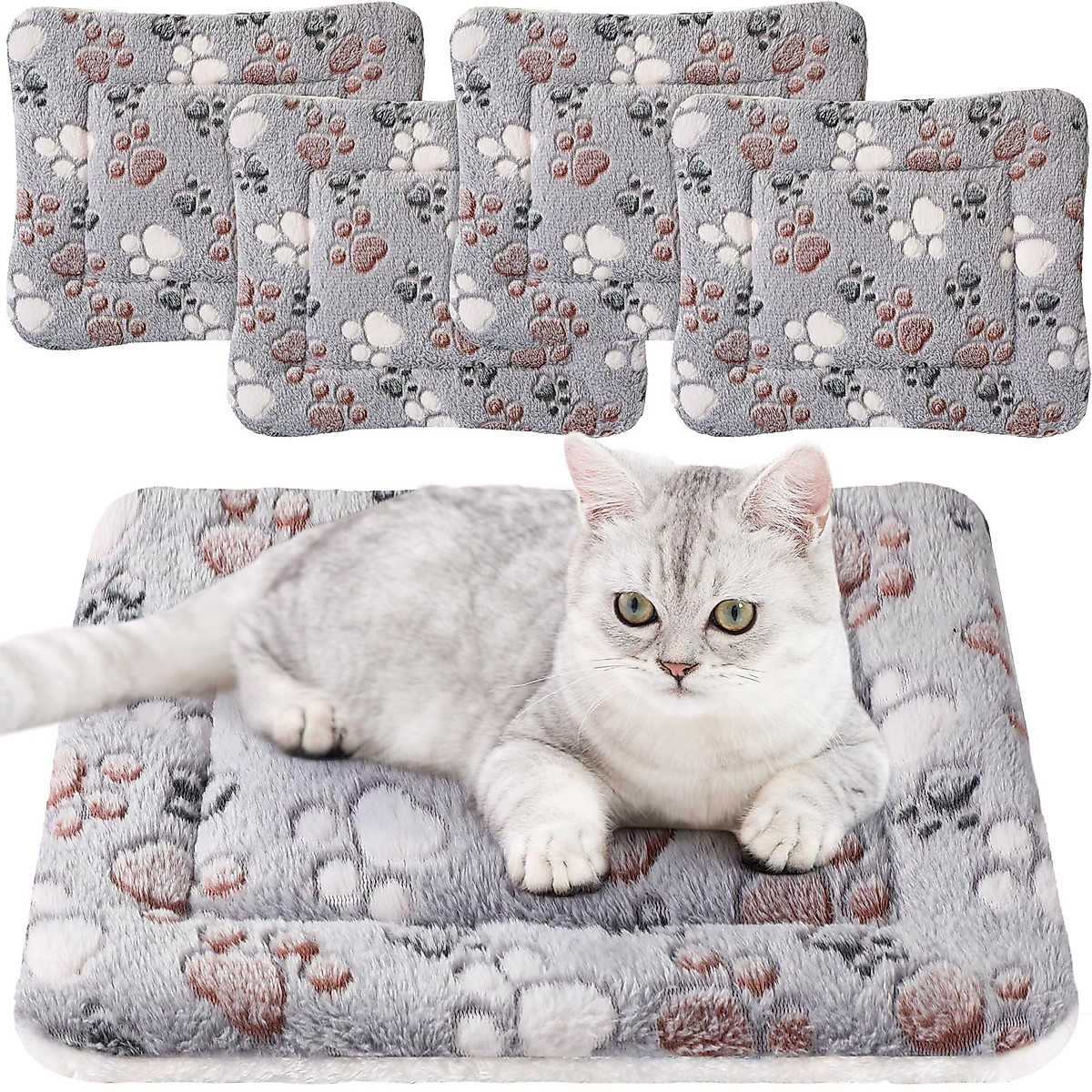 4 Pack Ultra Soft Dog Cat Bed Mat with Cute Prints Reversible Fleece Dog Crate Kennel Pad Cozy Washable Thickened Hamster Guinea Pig Bed Pet Bed Mat for Small Animals (Light Gray,13 x 19 Inches)