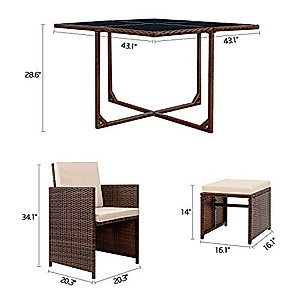 Tuoze 9 Pieces Furniture Dining Outdoor Sectional Rattan Patio Conversation Space Saving Cushioned Sets with Glass Table for Garden Poolside Balcony (Brown), Beige