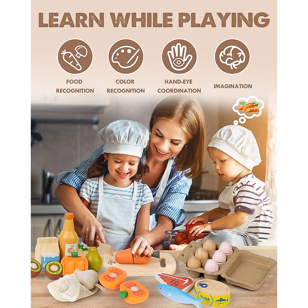 Lehoo Castle Wooden Play Food Sets for Kids Kitchen, Food Toys for Toddlers 3+ Year Old, with Shopping Bag, Pretend Food Play Kitchen Cutting Fruits Vegetables Toys, Gift for Boys Girls