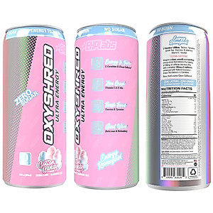 EHP Labs OxyShred Ultra Healthy Energy Drink - Zero Sugar Energy Drinks with Amino Acids, Green Tea Extract, Vitamin C & L Carnitine - Zero Carbs, Zero Calories, Clean Caffeine, Cotton Candy (12-Pack)