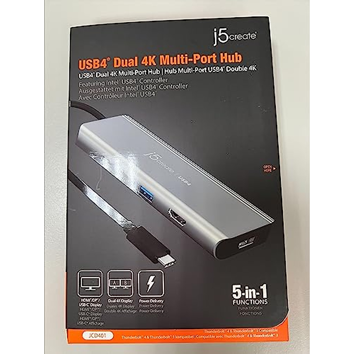 j5create USB4 Dual 4K Multi-Port Hub -5 in 1 USB4 Hub with PD 85W, Dual 4K Display, DisplayPort 1.4, USB-A, USB-C Ports | for Macbooks, Windows Laptops, Thunderbolt 3/4, and USB4 Devices (JCD401)