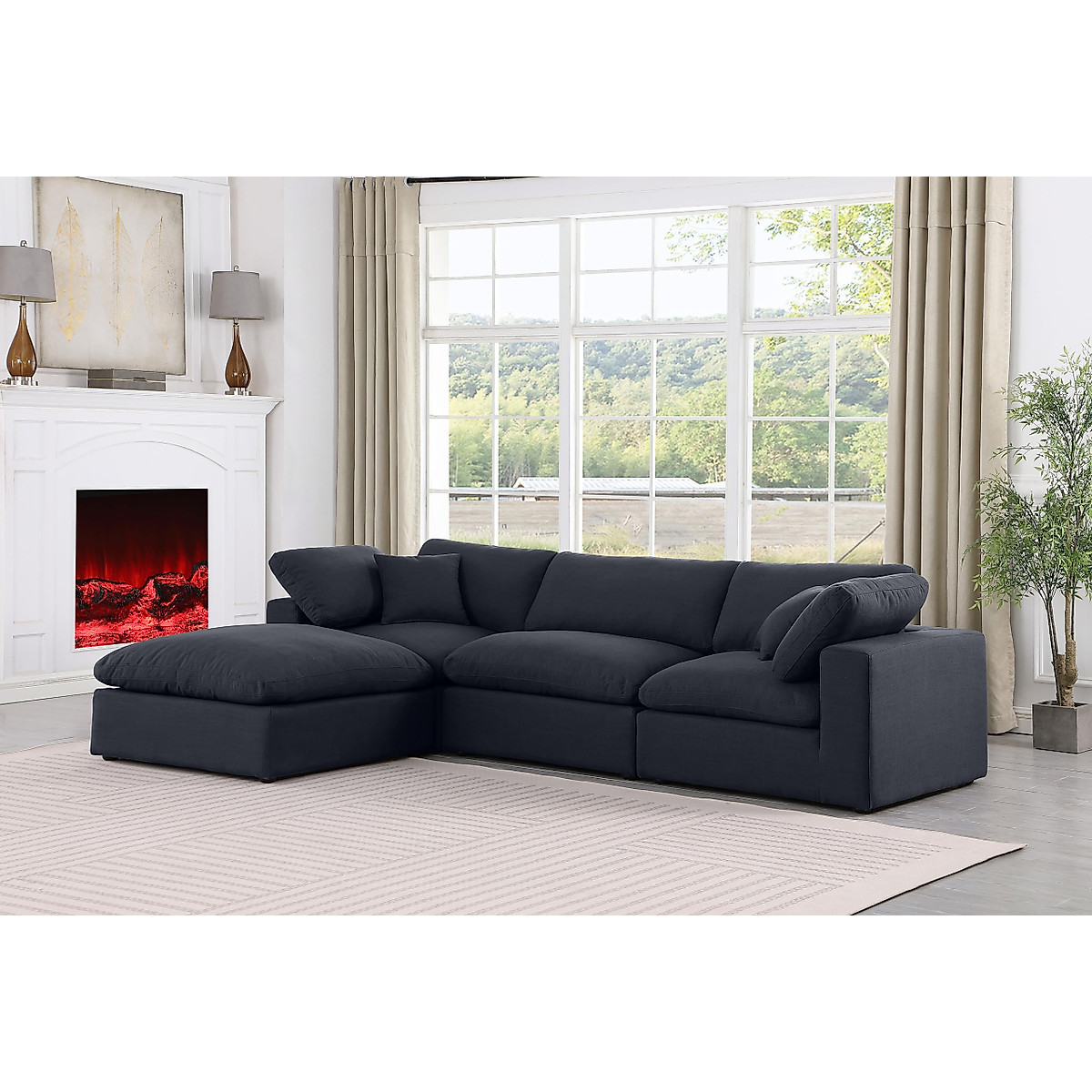 Meridian Furniture 187Black-Sec4A Comfy Collection Modern | Contemporary Upholstered Modular Sectional, Black Linen Textured Fabric Upholstery, Down Feather Cusions, 119" W x 79" D x 34.5" H, Black