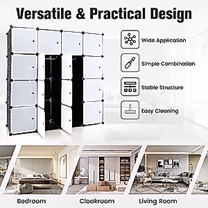 GOFLAME Portable Wardrobe Closet, 16-Cube Storage Organizer with 16 Doors & 2 Hanging Rods, Modular Clothes Dresser, Bedroom Armoire, Cube Shelf Cabinet for Clothes, Toys, Towels, Books, Tools