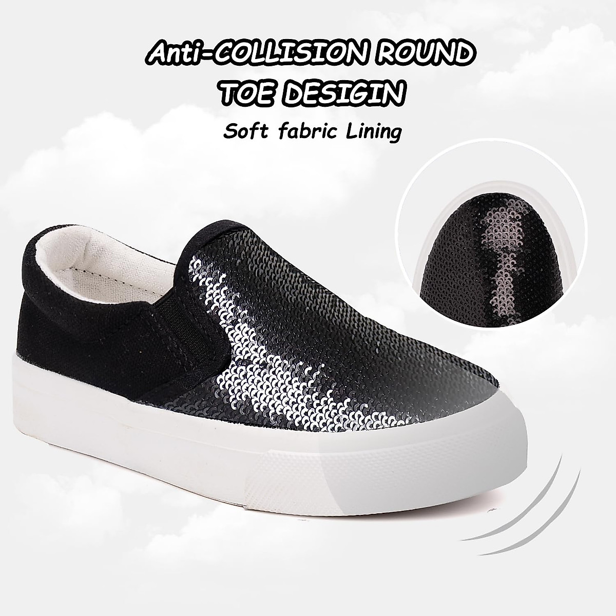 Toandon Girls Boys Kids Sneakers Loafer Shoes Slip On Toddler Sequins Glimmer Glitter Canvas Sparkle Low Top Non Slip Rubber Sole Lightweight Breathable Walking Outdoor Fashion Casual Black Size 2