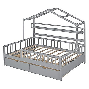 WADRI Full Size House Bed with 2 Drawers and Shelf, Wood House Bed Frame with Roof Design and Safety Guardrail, Montessori Bed for Girls Boys Bedroom, Can be Decorated (Gray + Wood-A32)