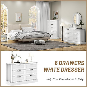 biukpci White 6 Drawer Dresser for Bedroom, Modern Chest of Drawers with Deep Drawers, Wood Double Dresser for Storage Clothes