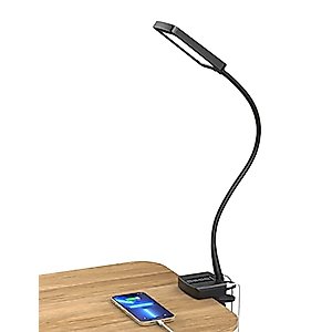 TROND Clamp Desk Lamp, Eye-Care Desk Light with USB Charging Port, 5 Color Modes 5 Level Brightness, 30-Minute Auto Timer Flexible Gooseneck Task Lamp for Sewing Reading Drawing Crafting, 11W, Black