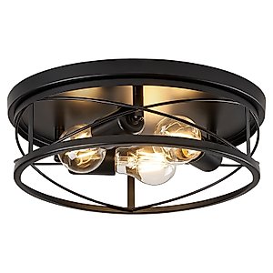 VIOLOEMI Farmhouse Light Fixtures, Black Round Metal Flush Mount Ceiling Light, 3-Light Cage Ceiling Lamp for Kitchen, Foyer, Bedroom, Hallway（Bulbs Not Included）