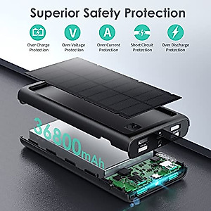Portable Charger 36800mAh, USB C Input/Output Power Bank, 5 Outputs Battery Pack, IP65 Solar Charger with LED Flashlight, Solar Power Bank Compatible with iPhone 13 12 11 LG Samsung S20 Google