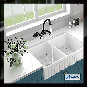 Aolemi Wall Mount Kitchen Faucet 6 Inch Center with Swivel Spout Adjustable Spread 2 Cross Handle Basin Sink Mixer Tap, Matte Black, H&C Label