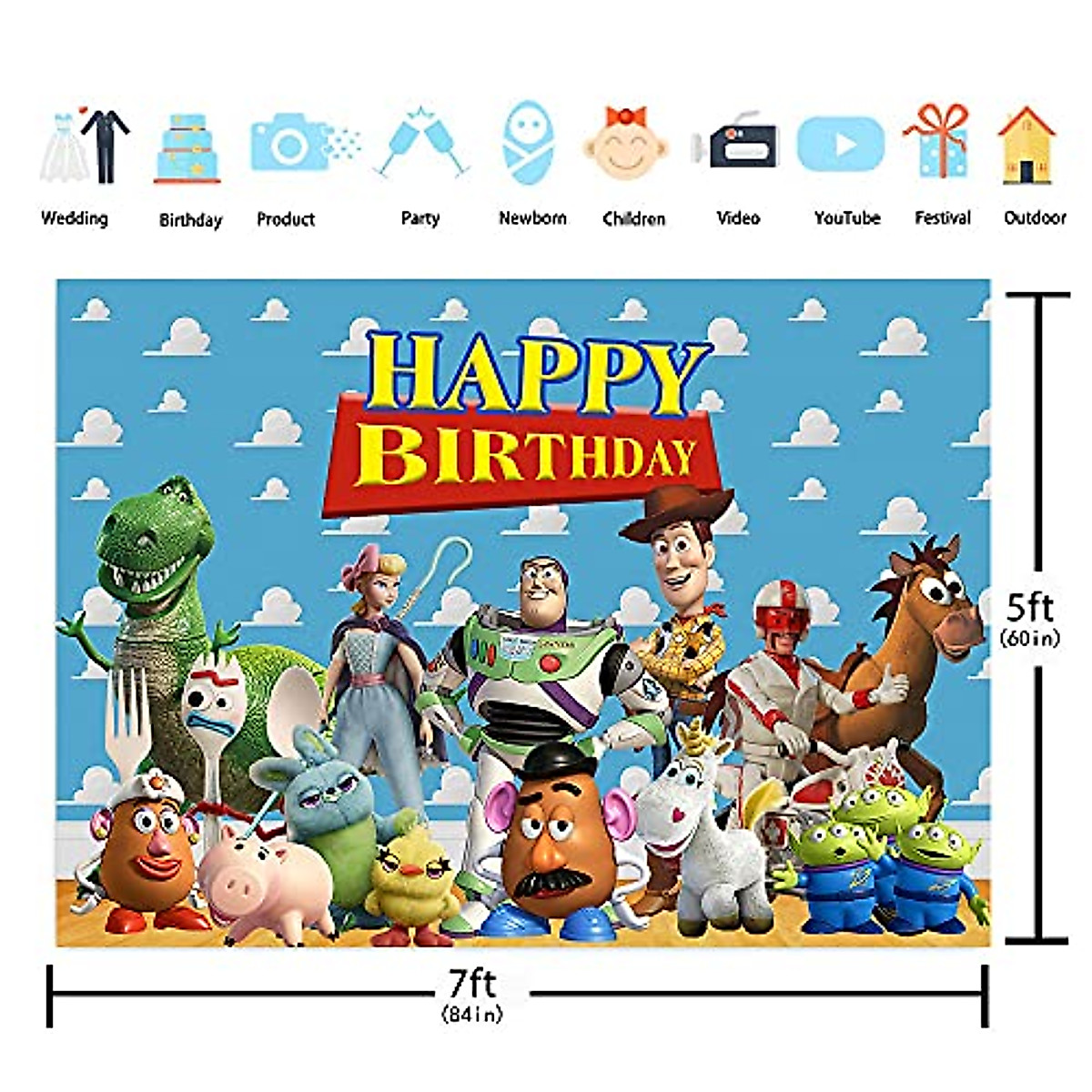 WRQ GCH 7x5ft Cartoon Toy Backdrop Blue Sky White Clouds Happy Birthday Party Decoration Toy Baby Shower Backdrop Cake Table Decoration