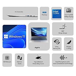 acer Aspire Slim Laptop, 15.6" Full HD Display, Intel Celeron N4500 Processor, 8GB DDR4 Memory, 384GB Storage, WiFi 5, Microsoft 365 1-Year Subscription, Windows 11 Home in S Mode，Silver, JVQ MP