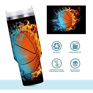 Caikeny Insulated Tumblers with Lid and Straw Basketball Sports 30 oz Reusable Stainless Steel Cup Water Fire Water Bottle Coffee Travel Tumbler Mug for Women Men