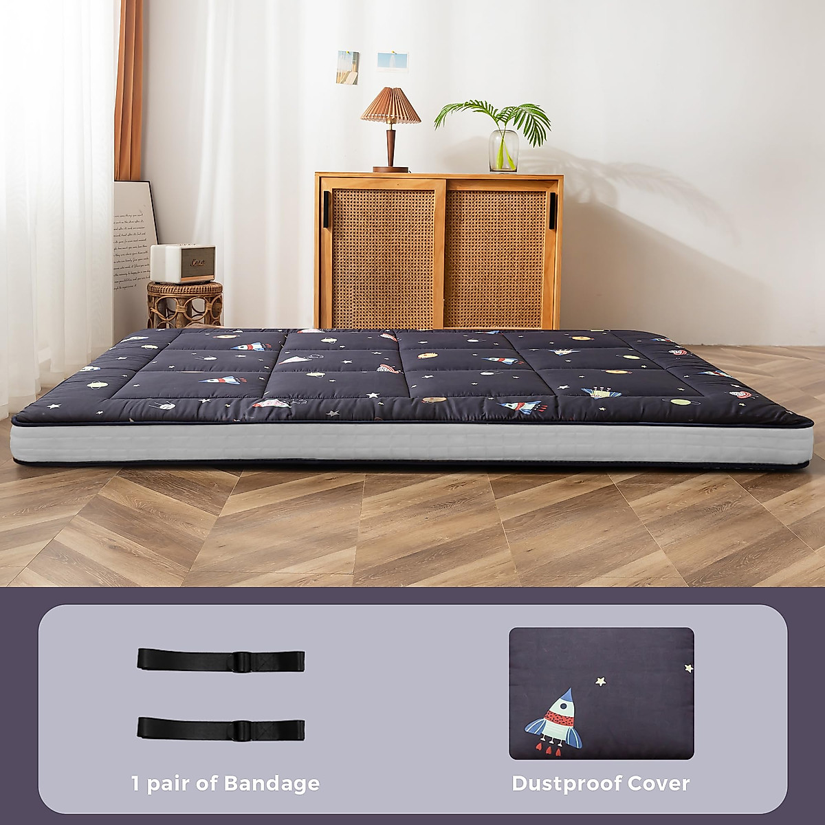 YOSHOOT 6 Inch Extra Thick Japanese Futon Floor Mattress, Foldable Mattress Tatami Pad Mattress for Adults Floor Bed Roll Up Mattress Guest Mattress, Navy Space, Queen