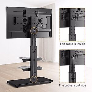 Universal Floor TV Stand with Height Adjustable Swivel Mount and 3 Media Storage Shelves, Fit for 42 43 47 50 55 60 65 70 75 Inch Plasma LCD LED OLED Flat or Curved Screen TVs