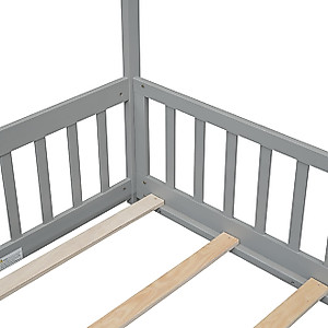 LLS Twin Floor Bed with Slats, Wooden Montessori Bed with Fence, House Bed Frame for Boys Girls Bedroom, Gray