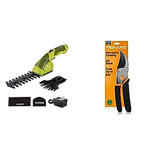 Sun Joe HJ604C 7.2-Volt 2-in-1 1250-RPM Cordless Grass Shear/Shrubber Handheld Trimmer, Rechargeable On-Board Lithium-Ion Battery and Charger Included & Fiskars Gardening Tools