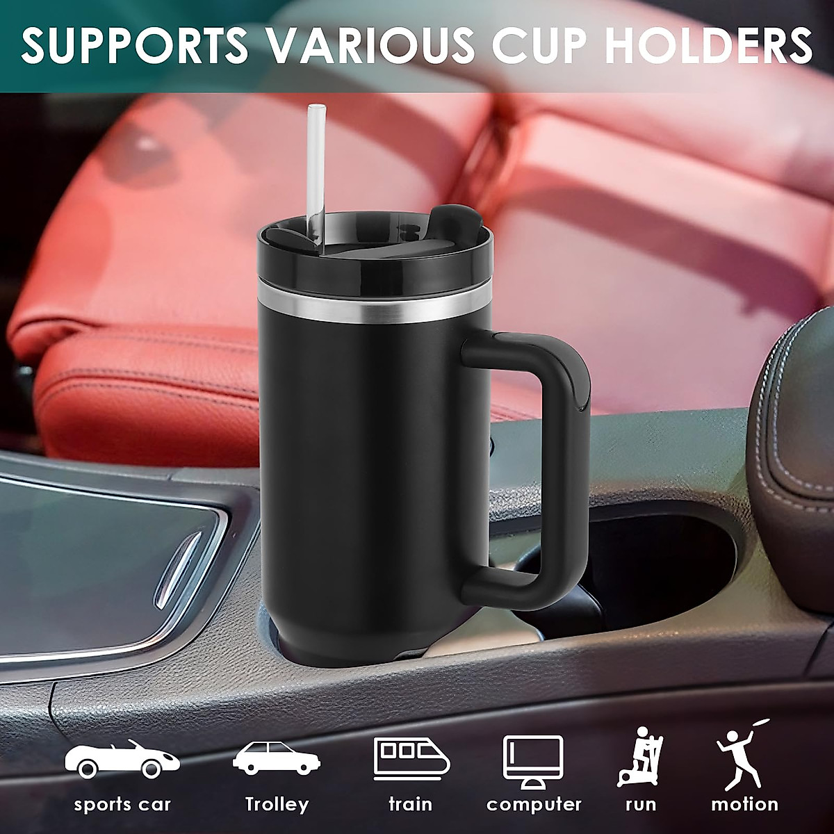 PIMDIR 40oz Tumbler with Handle Straw Lid, Stainless Steel Vacuum Insulated Reusable Travel Mug Keep Drinks Cold Ice Gym Cup, Gifts for Women Men Lovers, Car Holder Friendly, Black