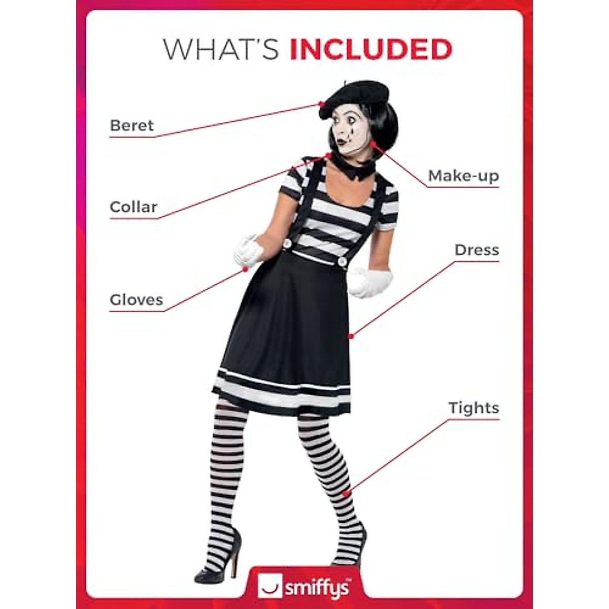 Smiffys womens Lady Mime Artist Adult Sized Costume, Black, M - US Size 10-12