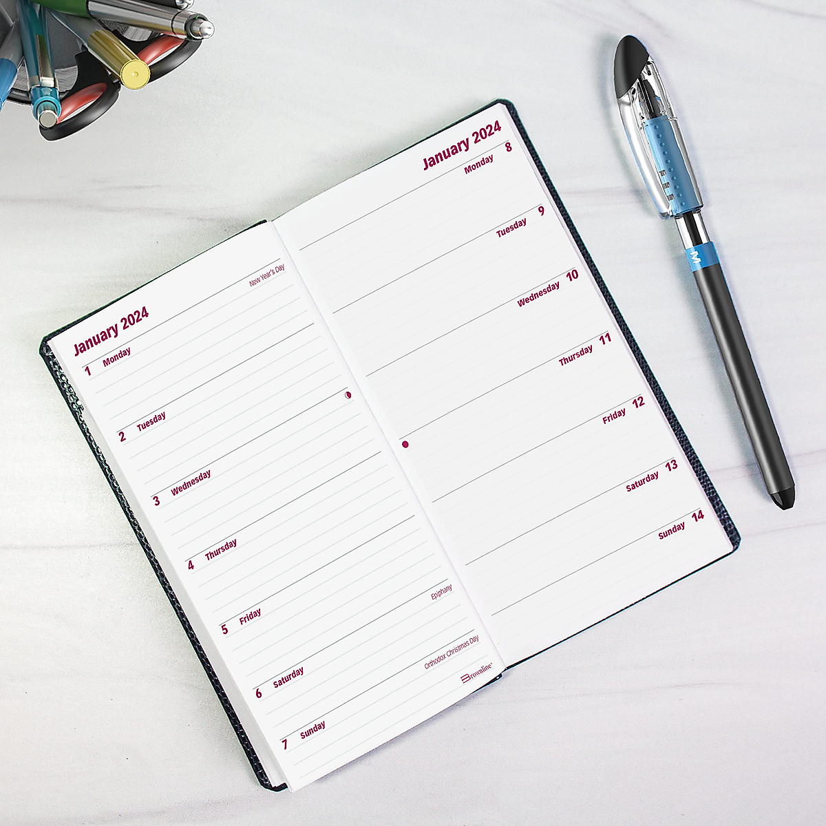 Brownline 2024 Essential Two-Week Pocket Planner, 12 Months, January to December, Stitched Binding, 6" x 3.5", Black (C5626.81Z-24)