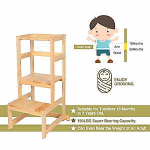 RedSwing Toddlers Kitchen Stool Helper, Sturdy Kids Step Stool with Safety Rail, Wooden Baby Standing Tower for Kitchen Counter and Bathroom, Easy to Assemble, Natural