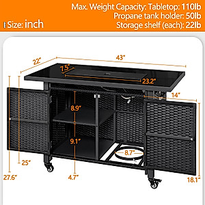 Yaheetech 43in Fire Pit Propane Fire Pit 50,000 BTU Gas Fire Pit Table with Two Storage Shelves, Glass Tabletop, Rattan Wicker Base and Waterproof Cover for Garden/Patio, CSA Certification
