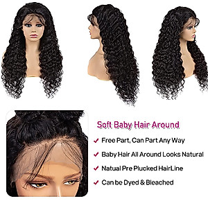 HD Lace Front Wig Human Hair Deep Wave Wigs For Black Women 180% Density 13x4 Water Curly Lace Frontal Wigs Glueless Human Hair Pre plucked with Baby Hair Brazilian Wet n Wavy Lace Closure Wig 28inch