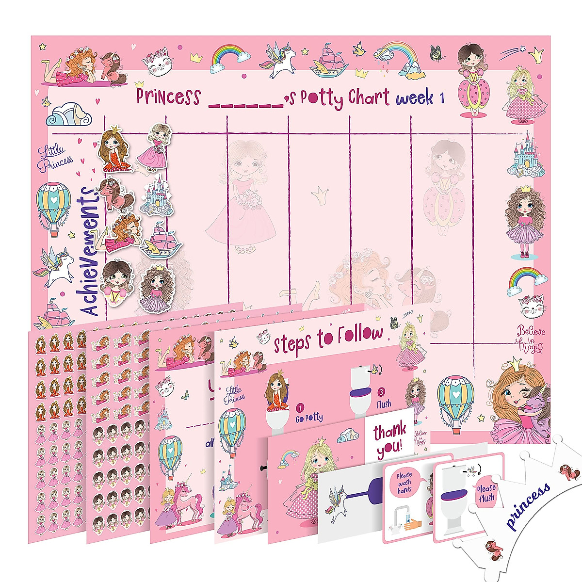 ATHENA FUTURES Potty Training Chart for Toddler, Girls, Sticker Chart for Potty Training, 4 Week Reward Chart, Certificate, Instruction Booklet, Reward Sticker Chart - Princess Design