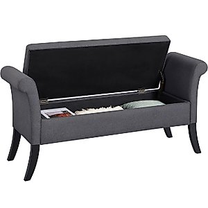 Yaheetech Fabric Modern Tufted Large Storage Bench with Rolled Arms Cushioned Storage Bench Entryway Bench Functional Storage Bench Footstool Foot Rest for Living Room Bedroom Window Side Dark Gray