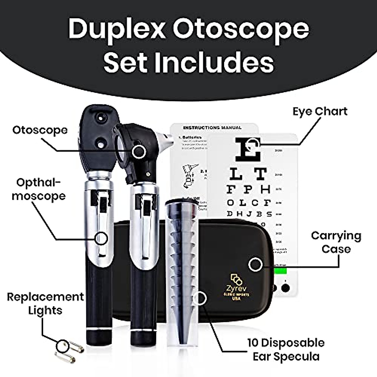 Zyrev Otoscope Ophthalmoscope Duplex Set - Multi-Function Otoscope/Opthalmoscope for Ear & Eye Examination - Includes Portable Tortoise Shell Case (Black)